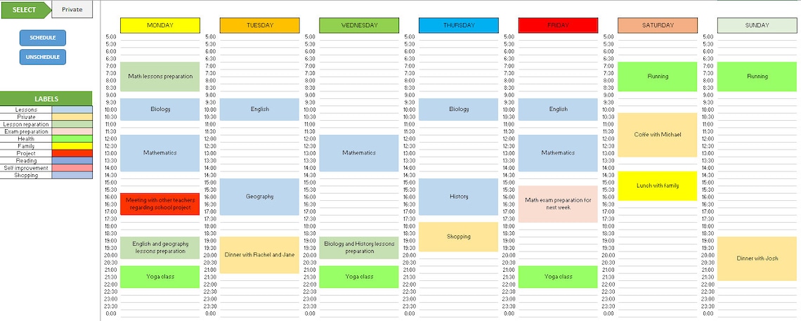 TEACHER WEEKLY Planner EXCEL Template | Teacher Weekly Schedule ...