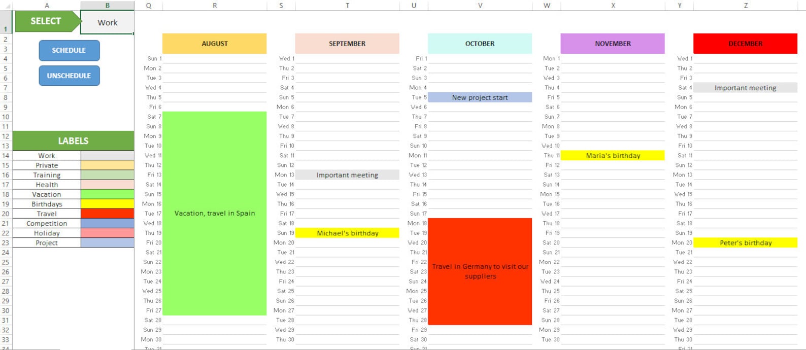 JAARSCHEMA 2024 EXCEL-sjabloon Jaarlijkse Digitale Planner Jaarlijkse ...