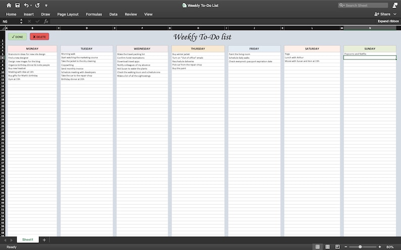 WEEKLY TO DO List Excel Template Digital Task Tracker Customizable ...
