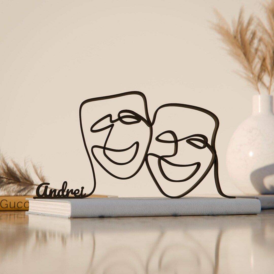 Theater Mask, Customized Line Art Figure, 3D Printed Gift, Minimalist ...