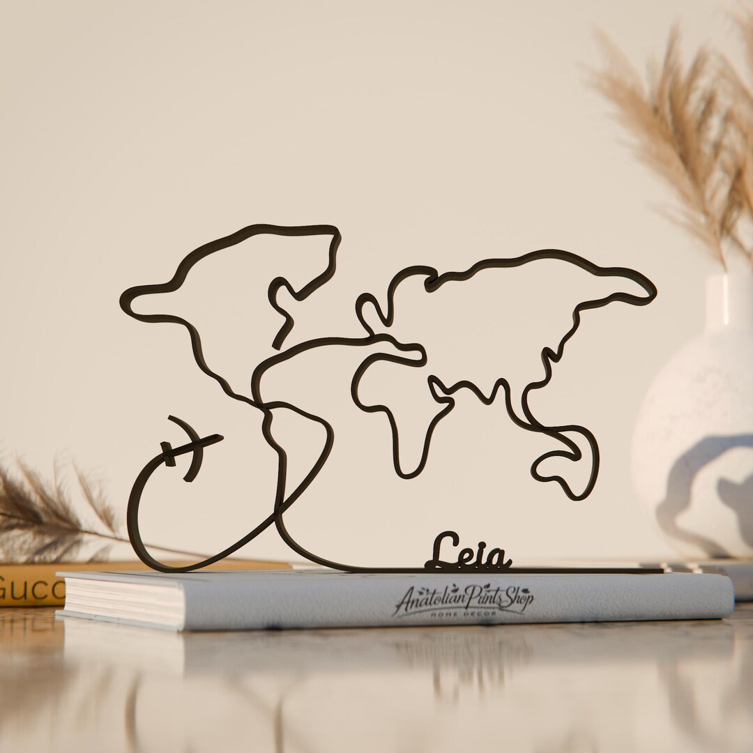 World Map, Personalized Line Art Figure, 3D Printed Gift, Unique ...