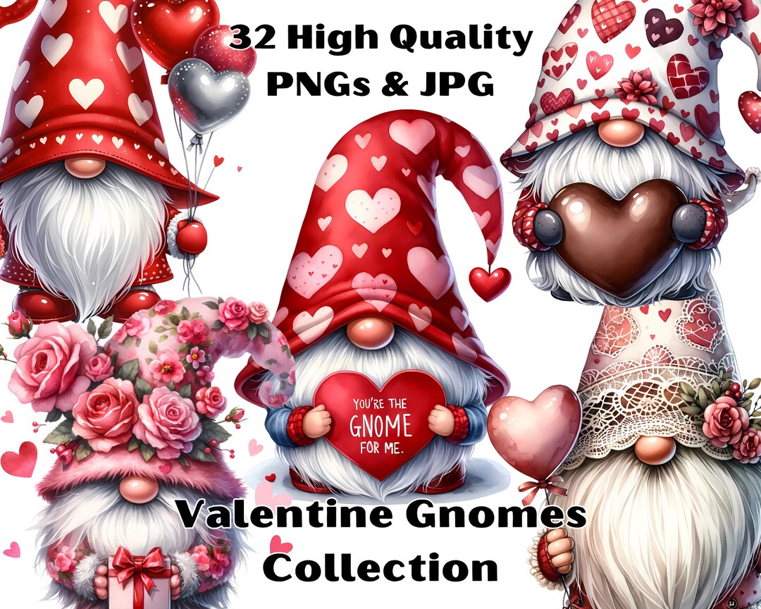 Watercolor Valentines Gnomes Clipart: 32 PNG Festive Designs ...
