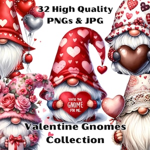 Watercolor Valentines Gnomes Clipart: 32 PNG Festive Designs ...