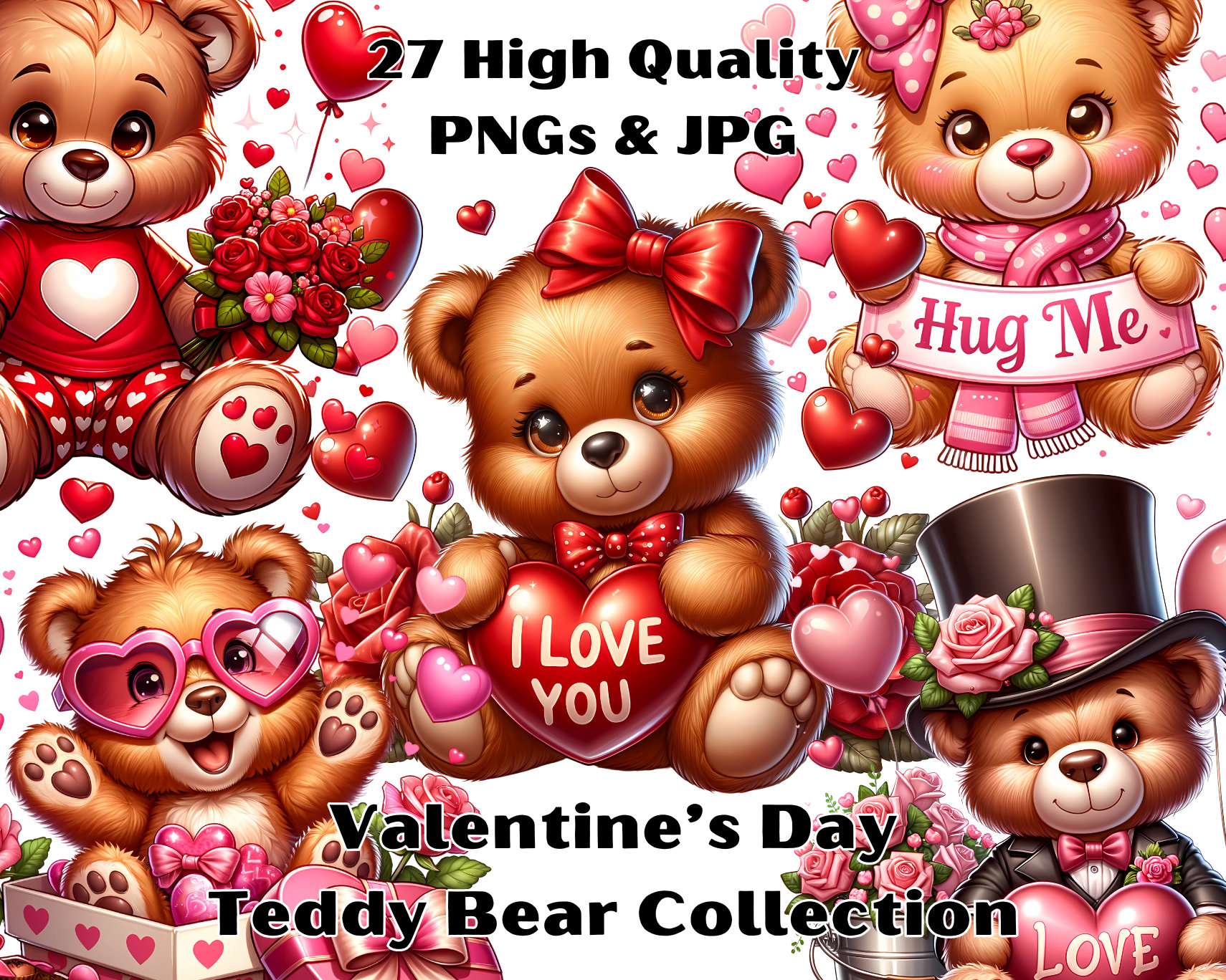 Watercolor Valentines Teddy Bear Clipart: 27 PNG Graphics (commercial ...