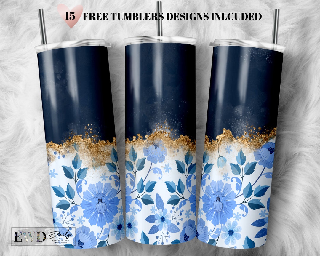 Navy Blue Flower 20oz Sublimation Tumbler Designs, Floral With Gold ...