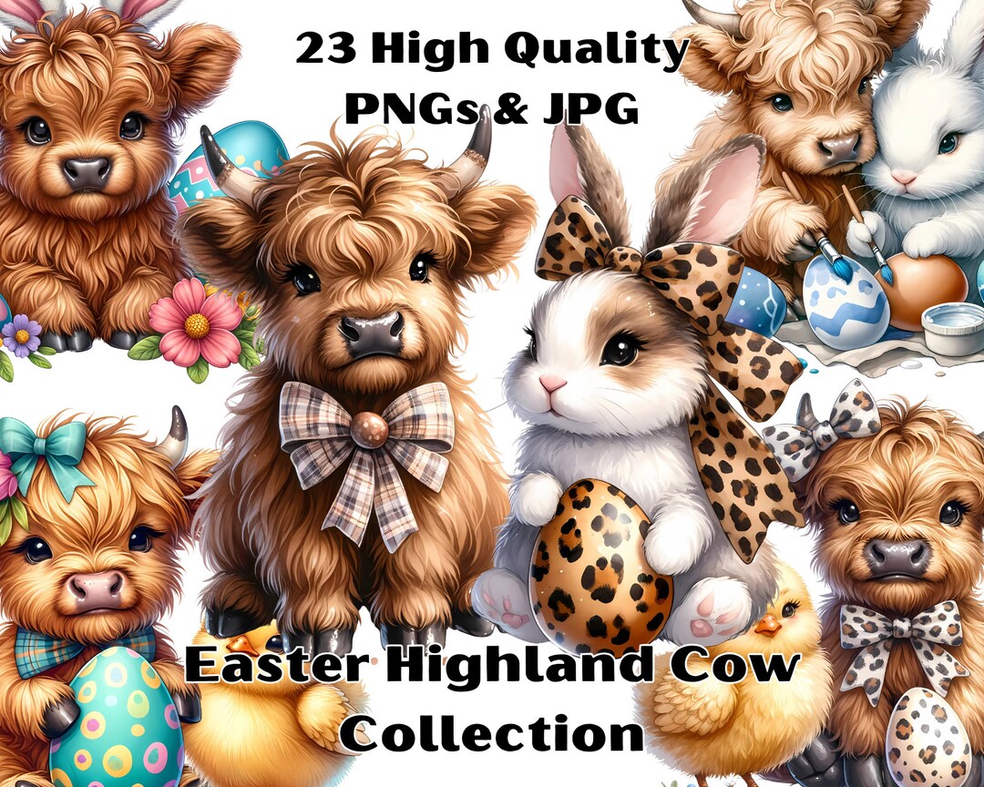 Easter Highland Cow & Bunny Clipart: Spring PNG Bundle (digital ...