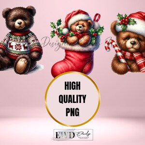 Watercolor Christmas Teddy Bear Clipart, 15 High Quality PNG Files ...