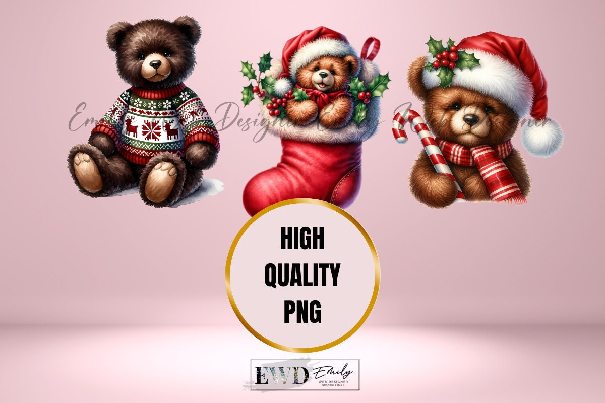 Watercolor Christmas Teddy Bear Clipart: Festive PNG Files (digital ...