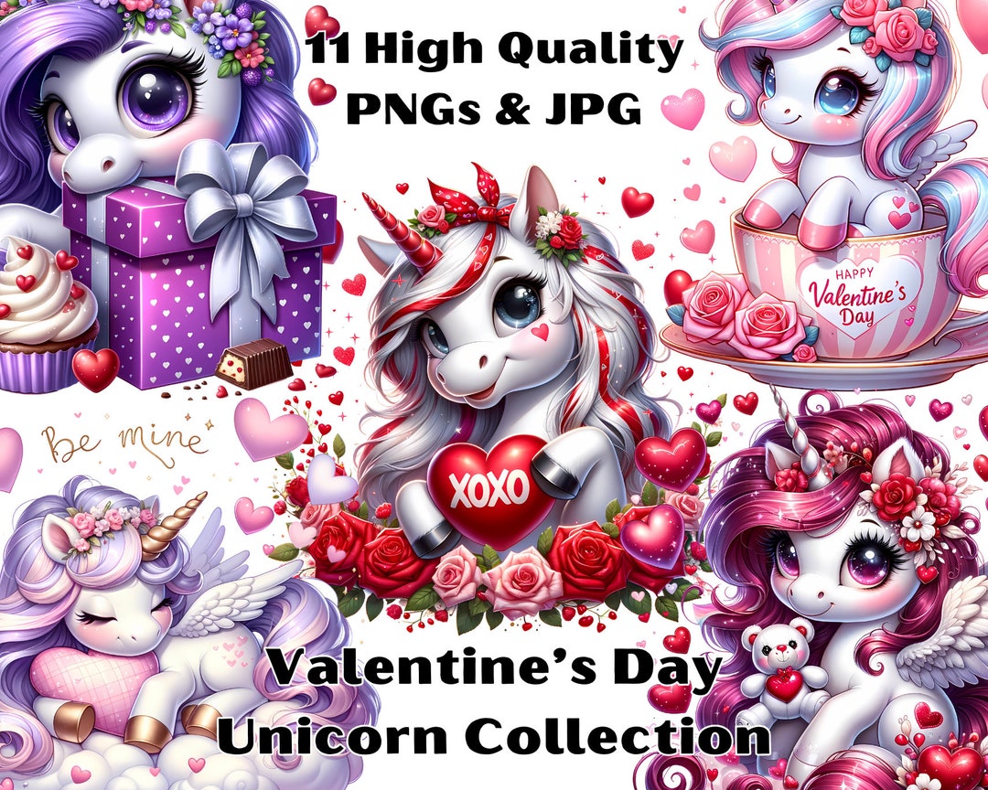 Watercolor Cute Unicorn Valentines Collection Clipart, 11 PNG ...
