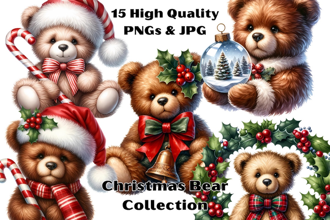 Watercolor Christmas Teddy Bear Clipart, 15 High Quality PNG Files ...