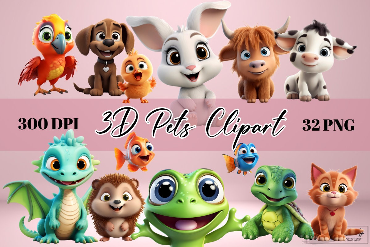 Set of 32- Pets- 3D Clipart PNG Files, Fun Digital Downloads, 3D Cute ...