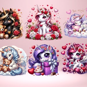 Watercolor Cute Unicorn Valentines Collection Clipart, 11 PNG ...