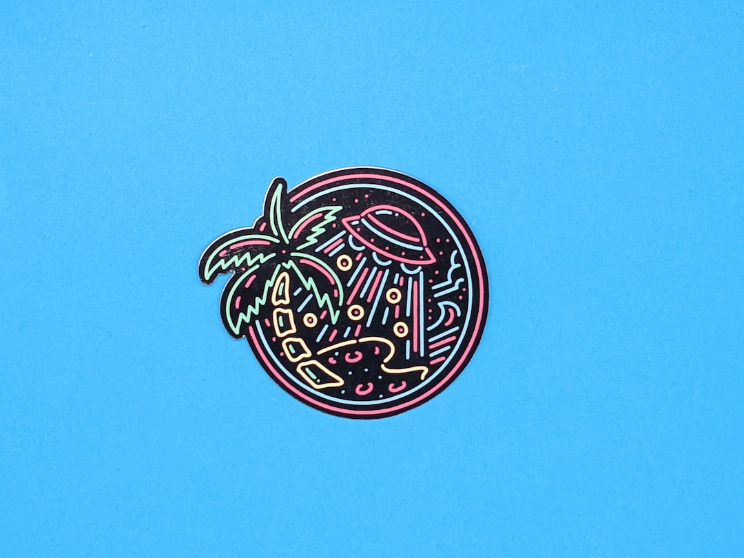 Neon Beach Invasion UFO Sticker - Glossy Water Resistant Alien Sticker ...