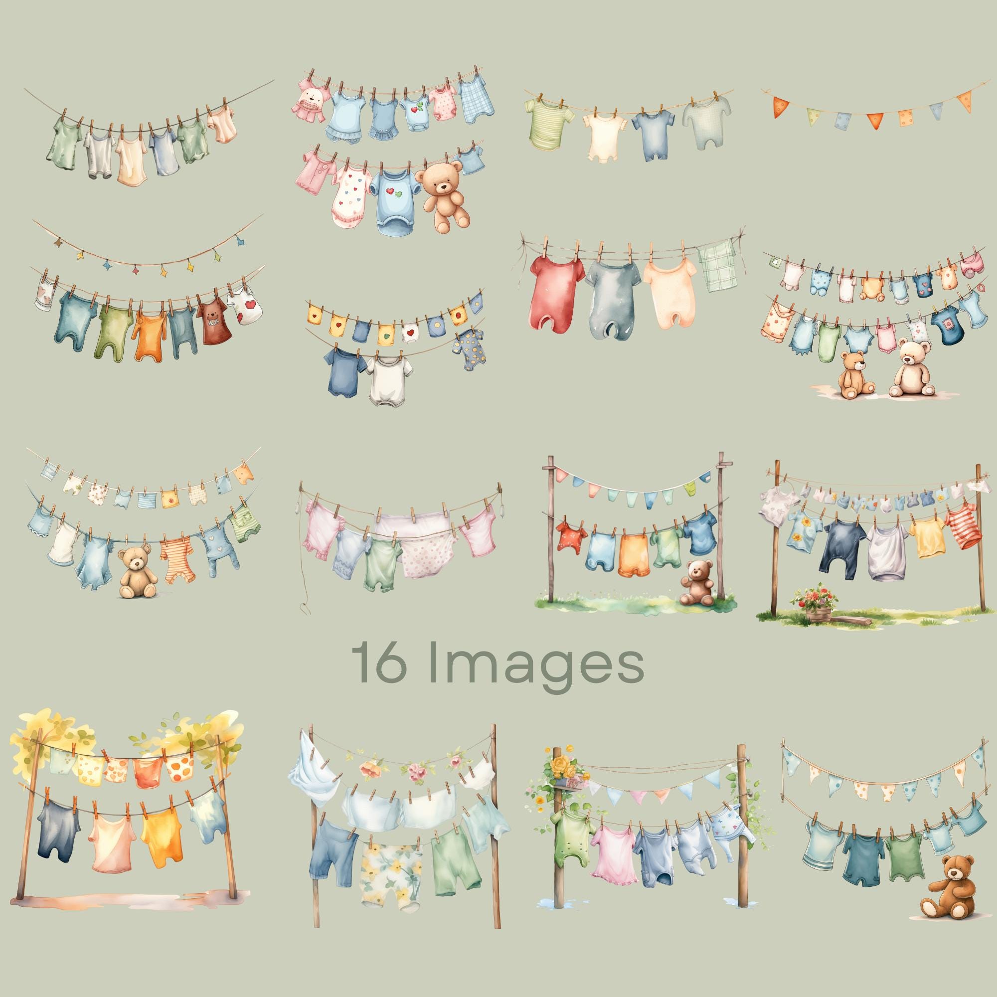 Watercolor Baby Clothes Line Clipart, Clothesline Clip Art, Washing ...
