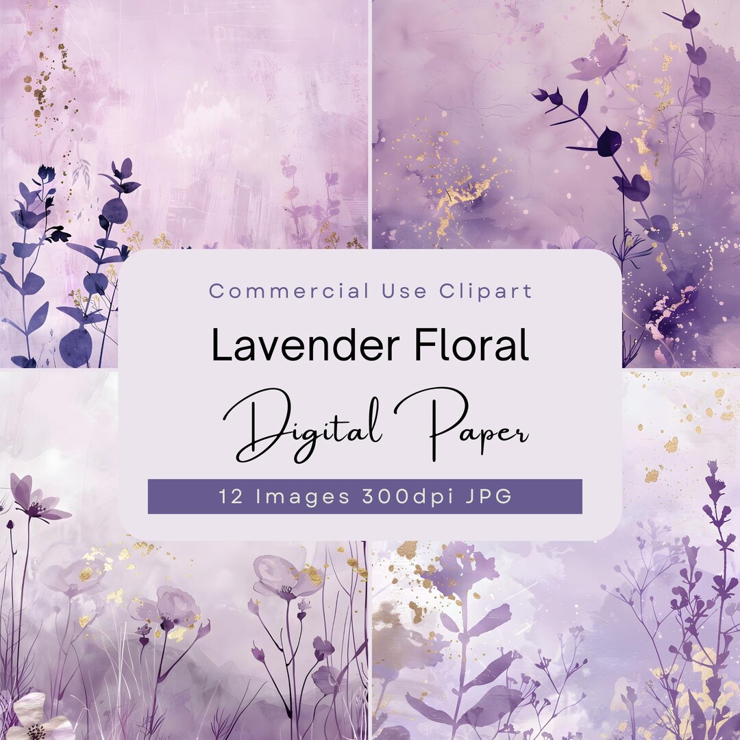 Lavender Floral Digital Paper With Gold Accents, Watercolor Background ...