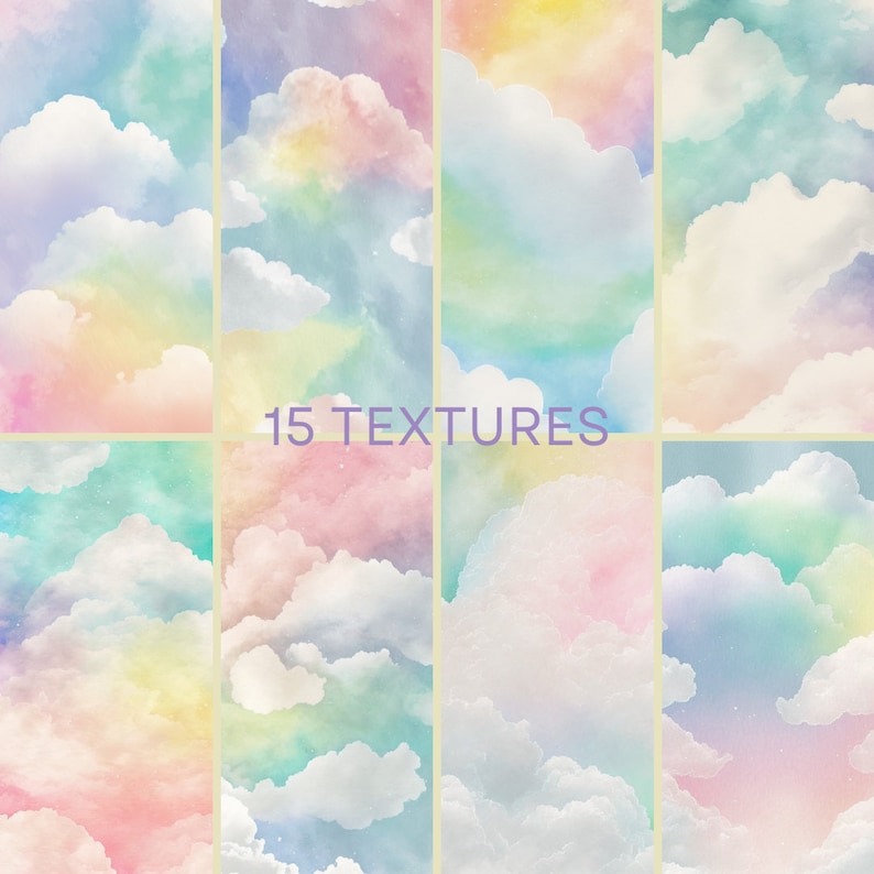 Watercolor Rainbow White Clouds Digital Paper Texture Pack Backgrounds ...