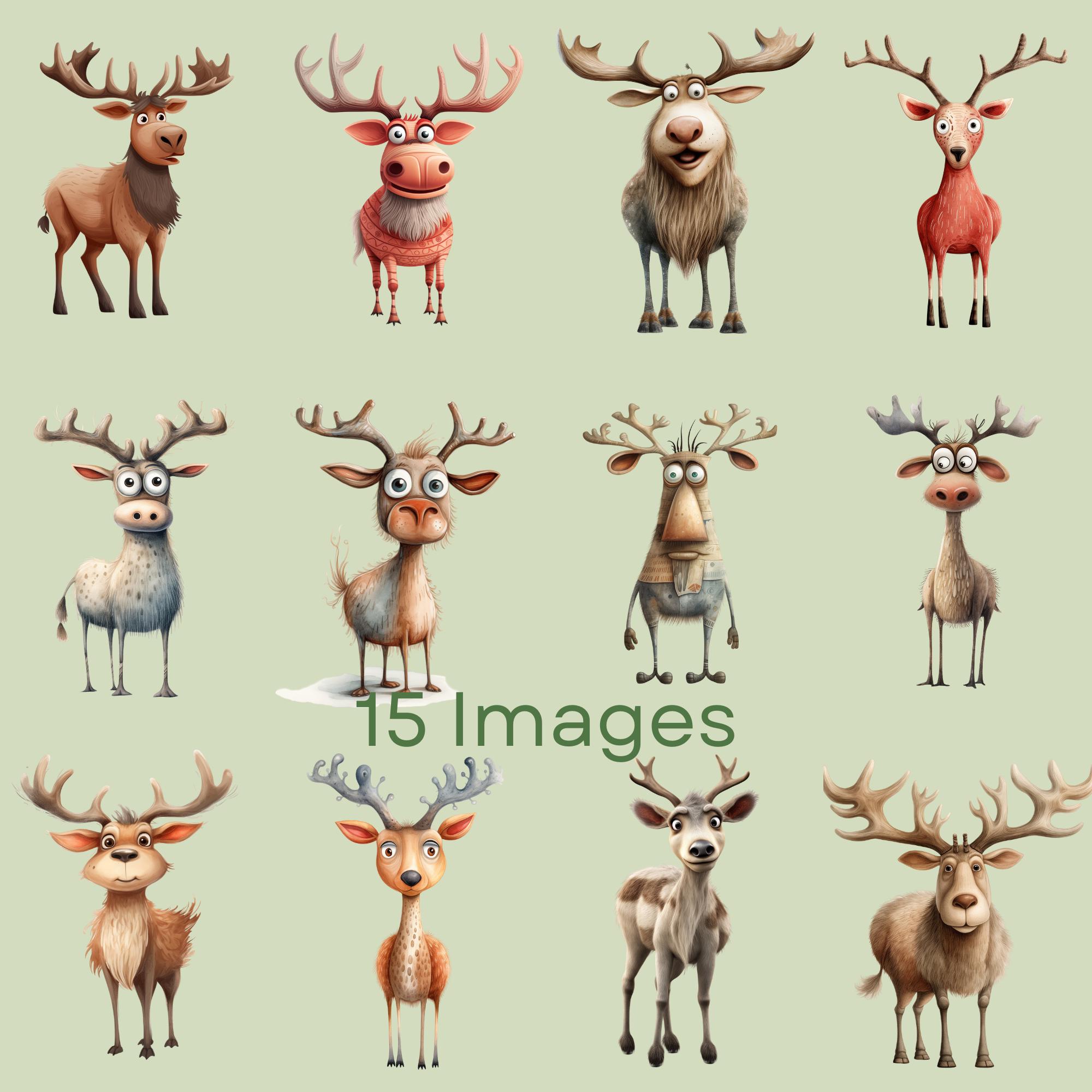 Quirky Reindeer Clipart, Funky Deer Clip Art, Cute Moose Illustrations ...