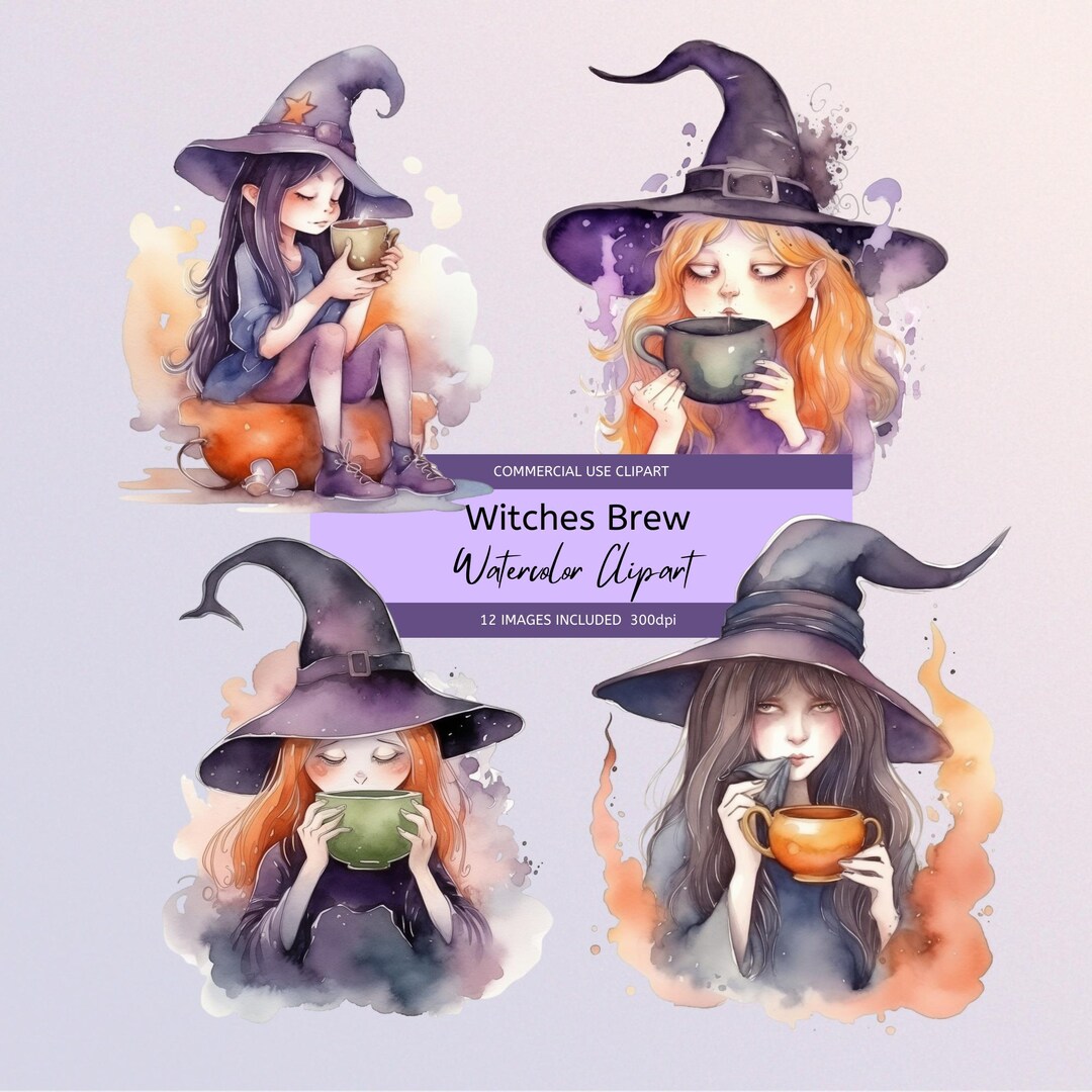 Watercolor Clipart Witches Brew Drinking Tea, Creepy Clipart, Spooky ...