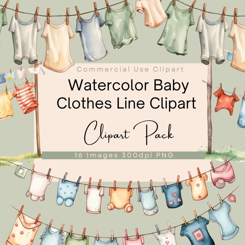 Watercolor Baby Clothes Line Clipart, Clothesline Clip Art, Washing ...