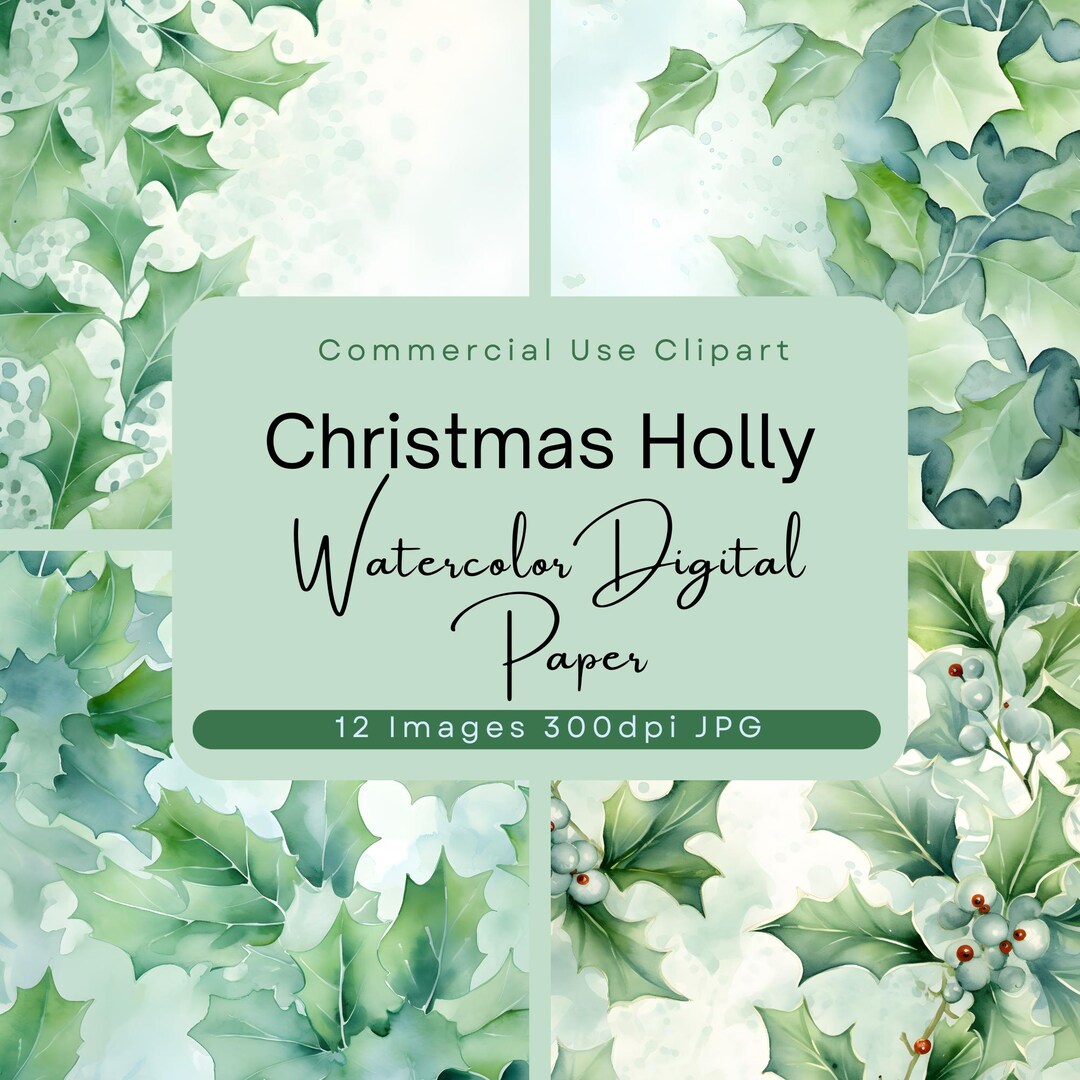 Watercolor Holly Digital Paper, Christmas Background Texture Pack ...