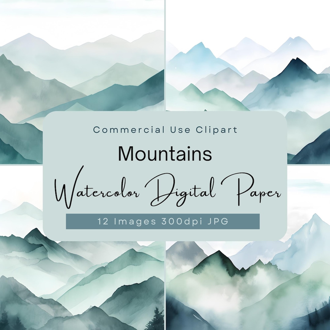 Watercolor Mountain Landscape Digital Paper, Misty Blue Green Nature ...