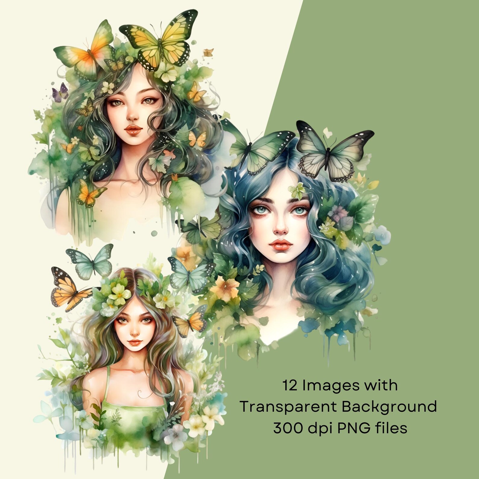 Forest Nymph Clipart, Watercolor Fantasy Woman With Green Butterflies ...