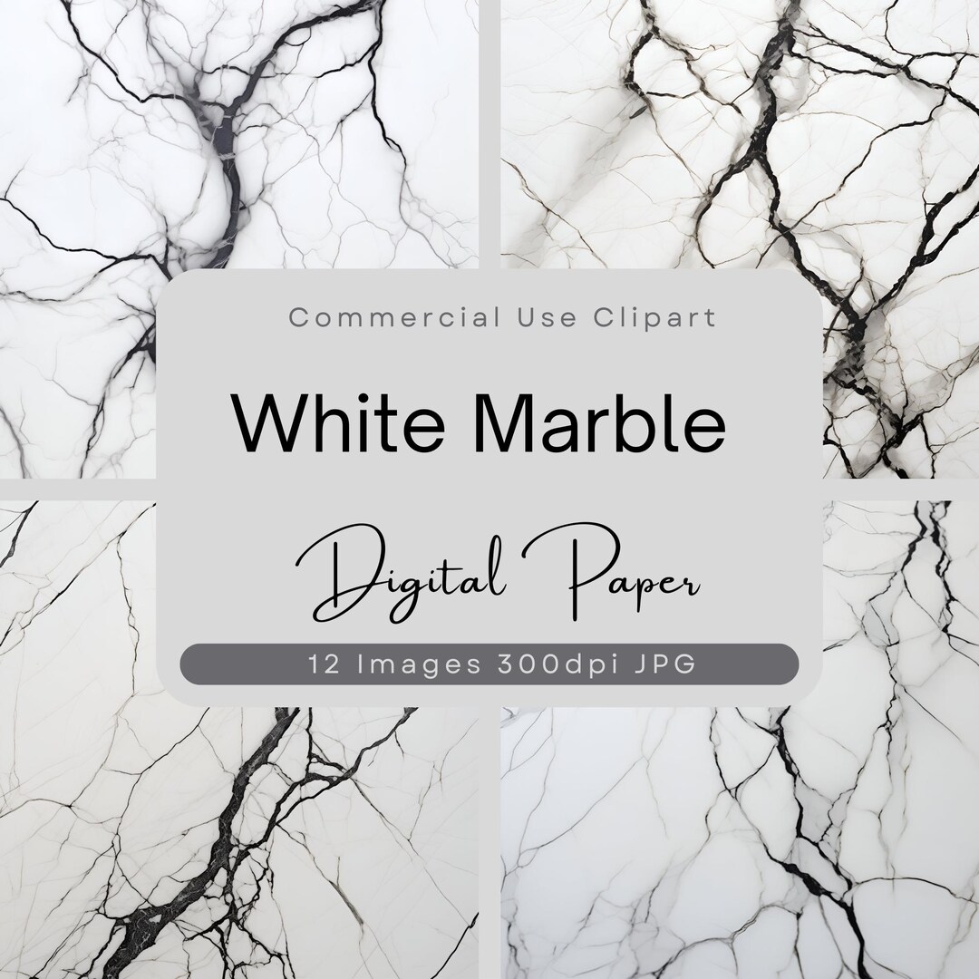 White Marble Digital Paper, Stone Texture Pack, Black Veins, White ...