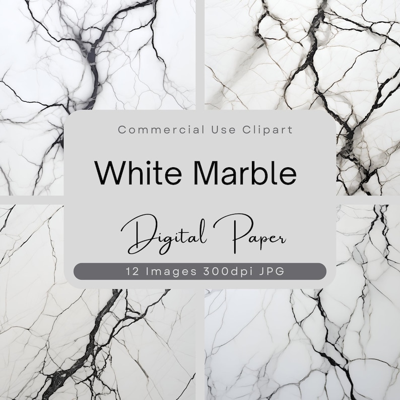 White Marble Digital Paper, Stone Texture Pack, Black Veins, White ...