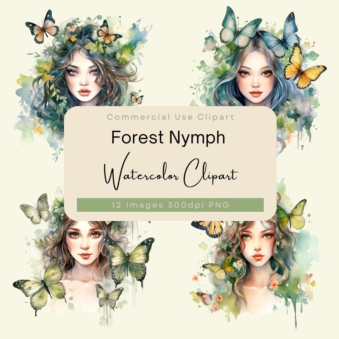 Forest Nymph Clipart, Watercolor Fantasy Woman With Green Butterflies ...
