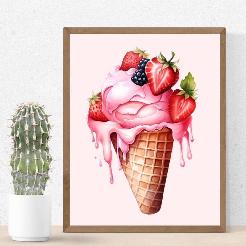 Waffle Cone Drip Clipart, Cute Watercolor Ice Cream Clip Art, Kawaii ...