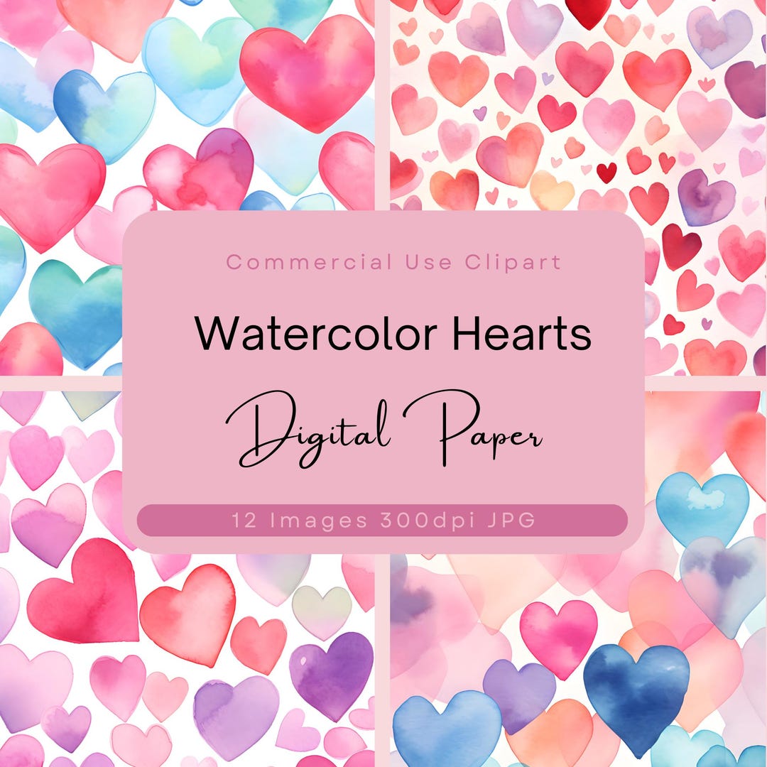 Watercolor Hearts Digital Paper, Hearts Texture Pack, Backgrounds of ...