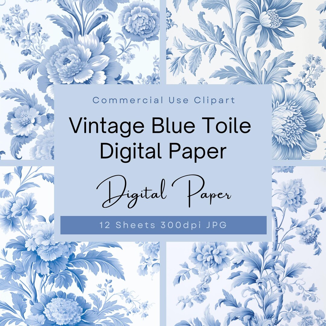 Vintage Blue Toile Digital Paper, Dusty Blue Floral Design, Blue Flower ...