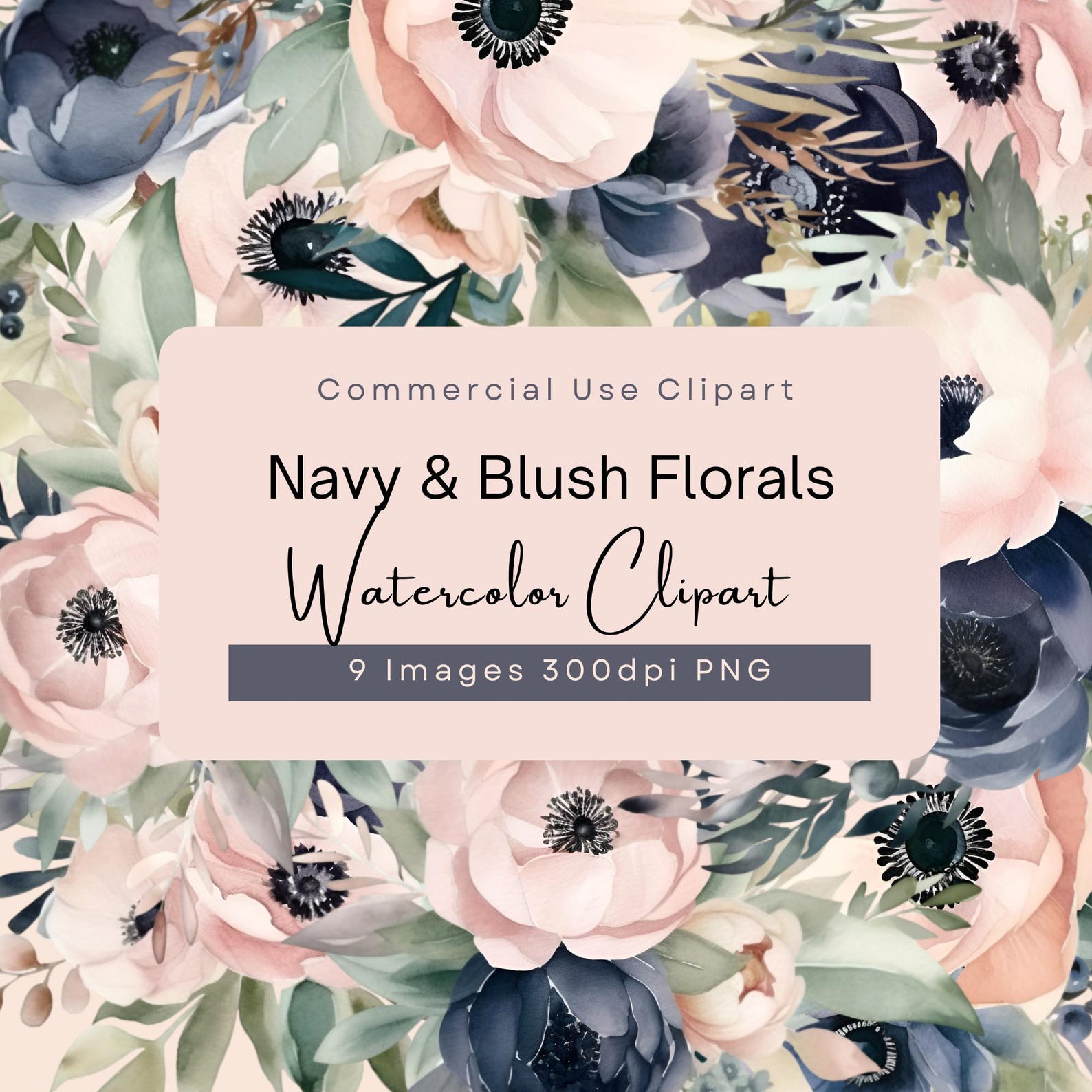 Navy & Blush Watercolor Floral Clipart, Pink and Blue Flower Bouquet ...