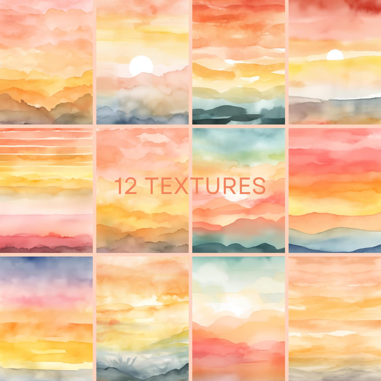 Texture Pack Watercolor Sunset, Red, Pink, Yellow, Orange Clipart ...