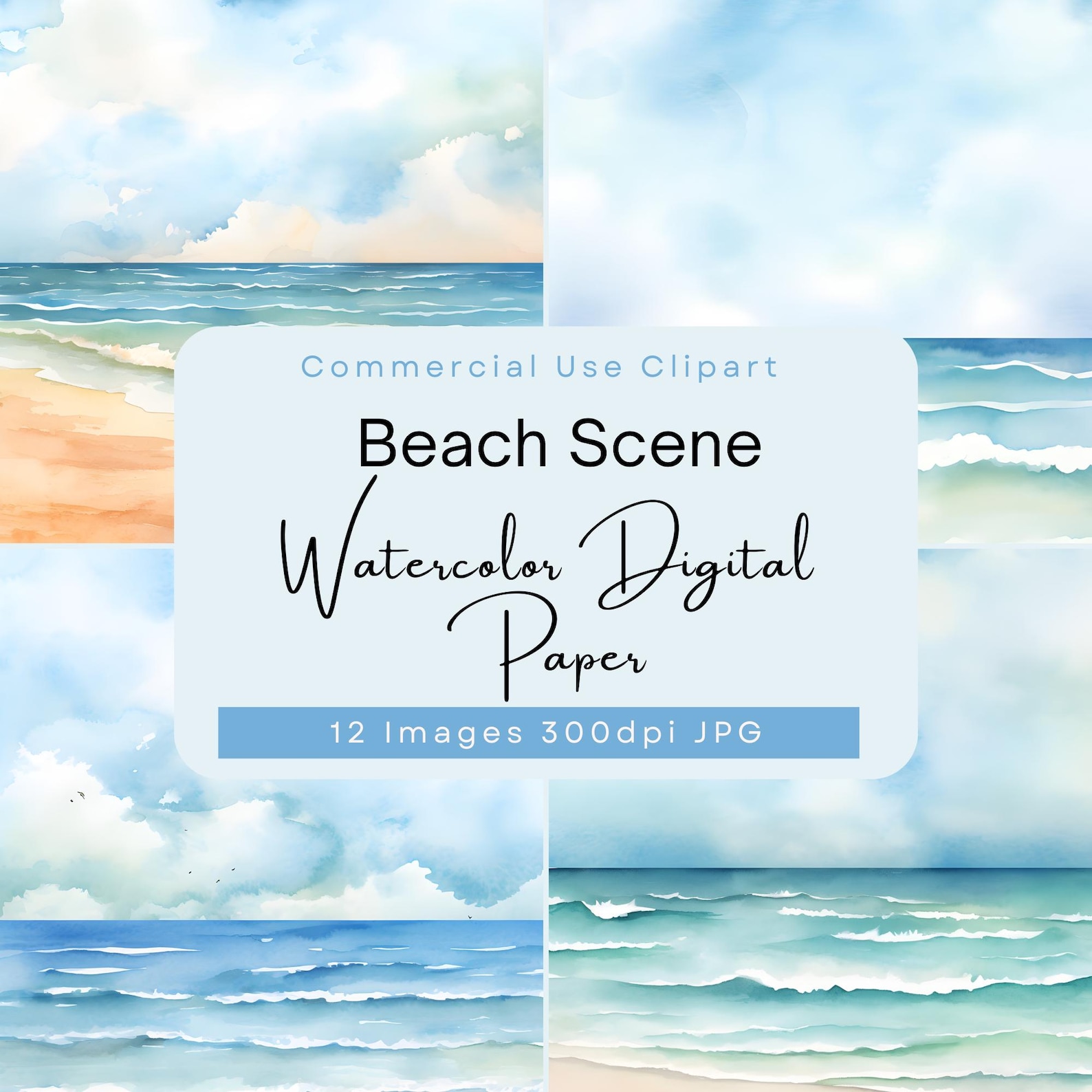 Tranquil Watercolor Beach Scene Digital Paper, Ocean Shoreline ...