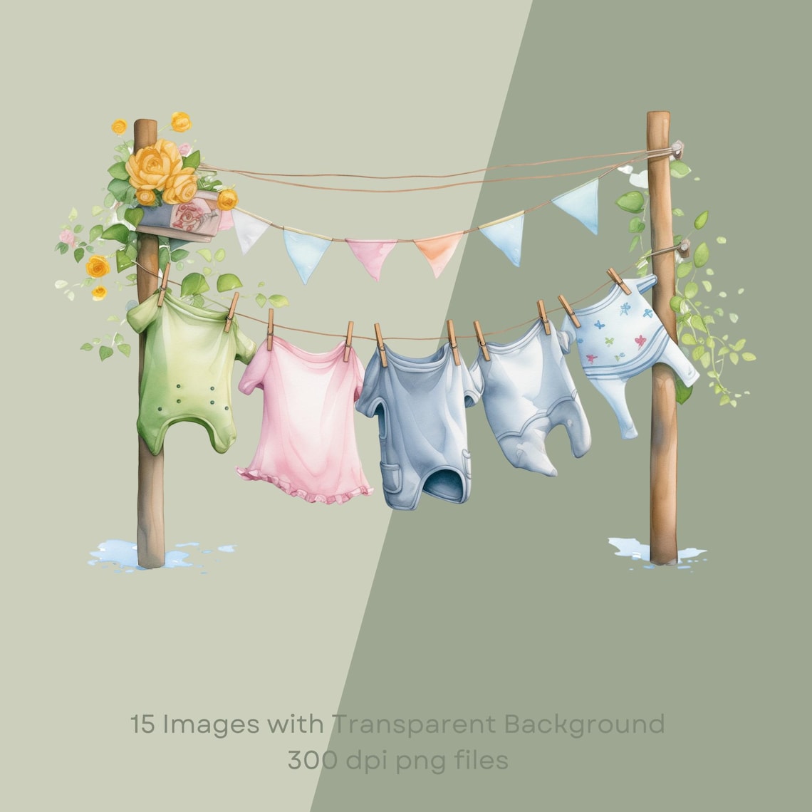 Watercolor Baby Clothes Line Clipart, Clothesline Clip Art, Washing ...