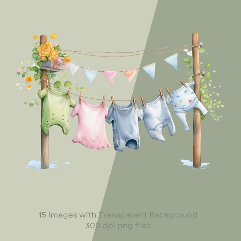 Watercolor Baby Clothes Line Clipart, Clothesline Clip Art, Washing ...