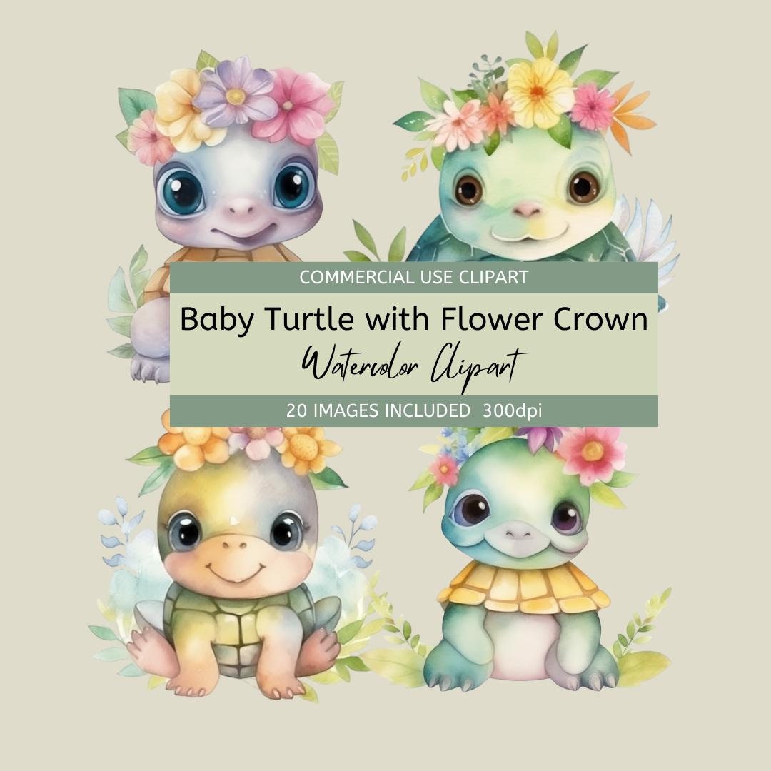 Baby Turtle With Flower Crown Watercolor Cute Clipart for Scrapbooking ...
