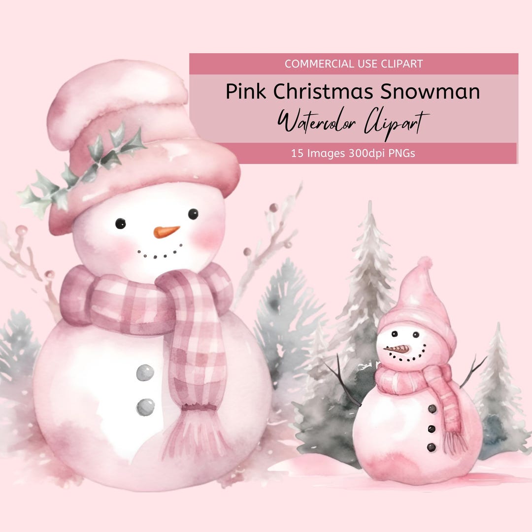 Pastel Christmas Clip Art, Watercolor Pink Snowman Clipart, Vintage ...