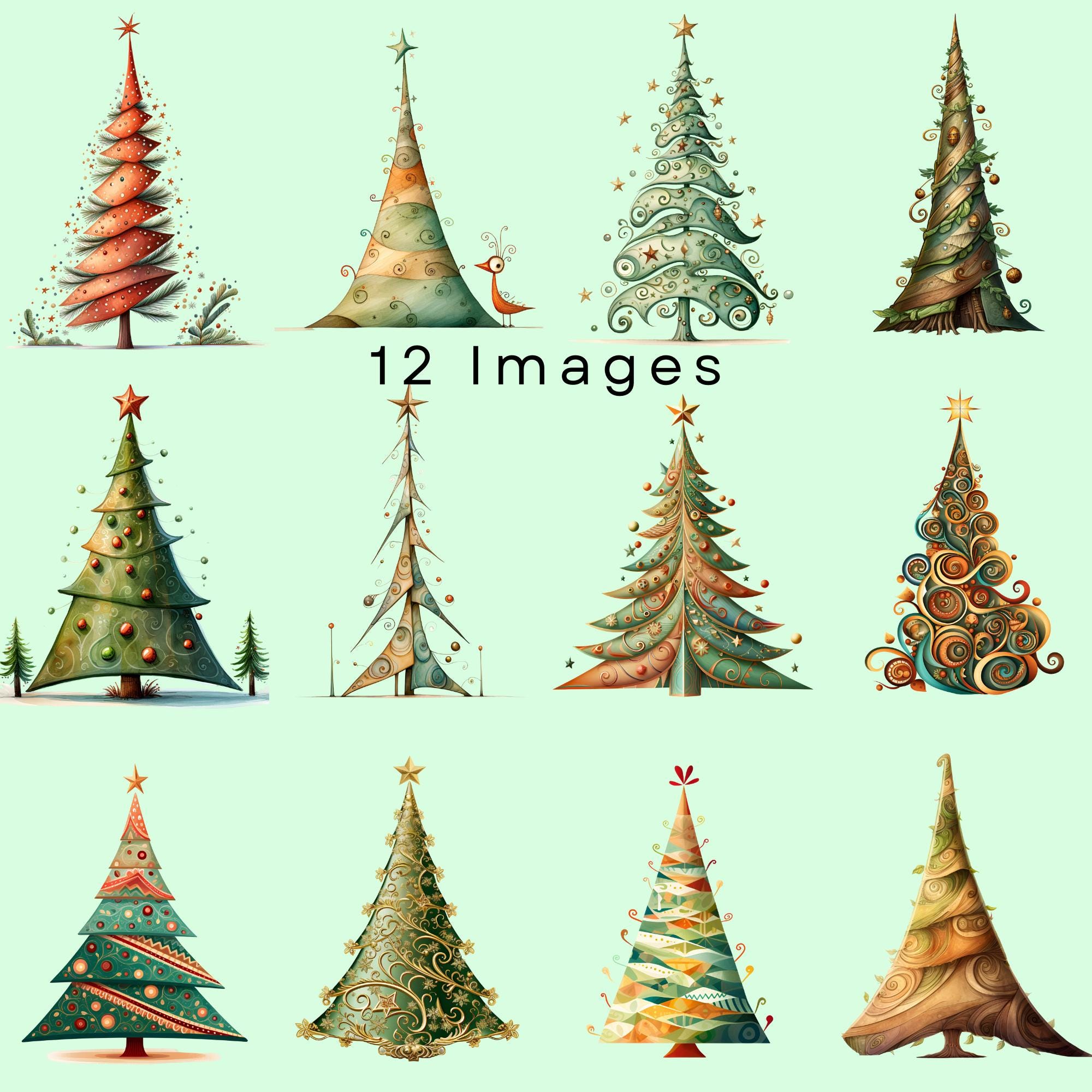 Whimsical Christmas Tree Clip Art, Quirky Christmas Tree Clipart, Xmas ...