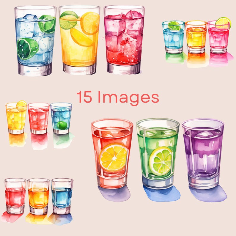 Shot Glasses Clipart, Watercolor Cocktails, Brightly Colored Party ...