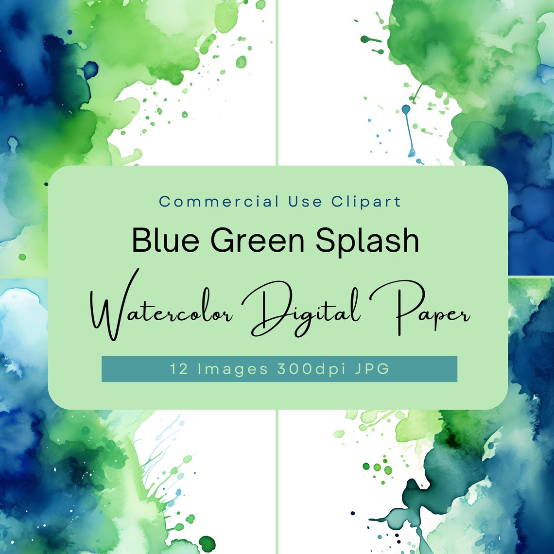 Blue Green Watercolor Digital Paper - Abstract Ink Splash Texture Pack ...