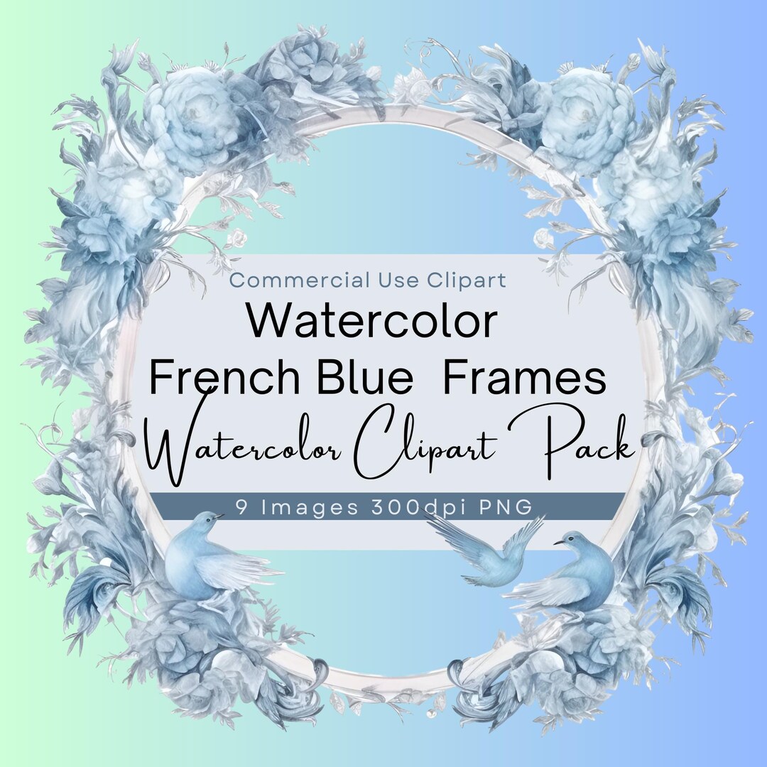 French Blue Frame Clipart, Toile Border Clipart, Watercolor Blue Floral ...