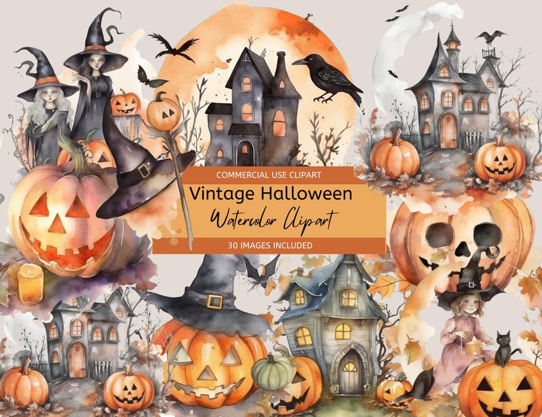 Vintage Halloween Watercolor Clipart Designs Castles Bats Witches Hats ...