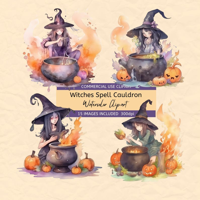 Witches Watercolor Clipart Cauldrons & Spells, Trick or Treat, Spooky ...