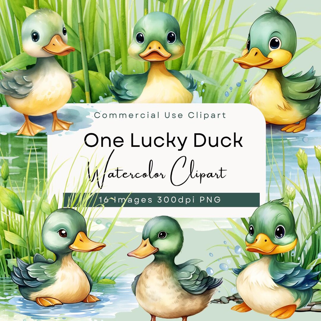 One Lucky Duck Clipart Bundle, Cute Kawaii Watercolor Duckling PNG ...