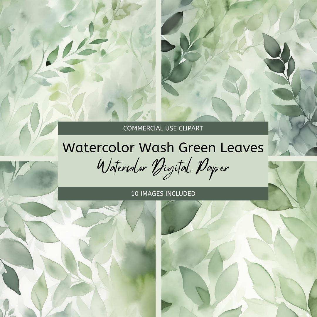 Watercolor Wash Sage Green Leaves Digital Paper, Forest Trees Leaf ...
