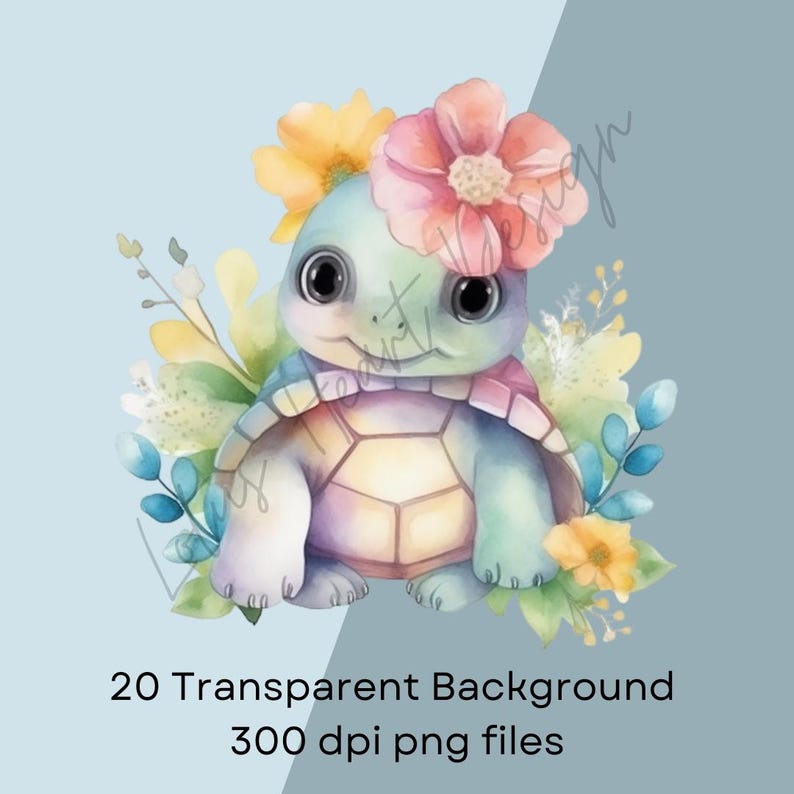 Cute Baby Turtle With Flowers Clipart Scrapbooking Design Project Party ...
