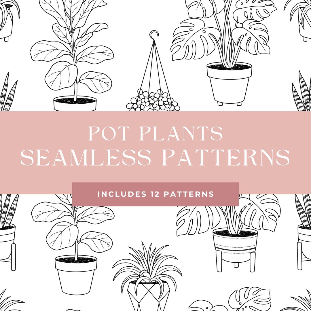 Houseplants Seamless Patterns Minimal Line Art Pot Plant Digital Paper ...