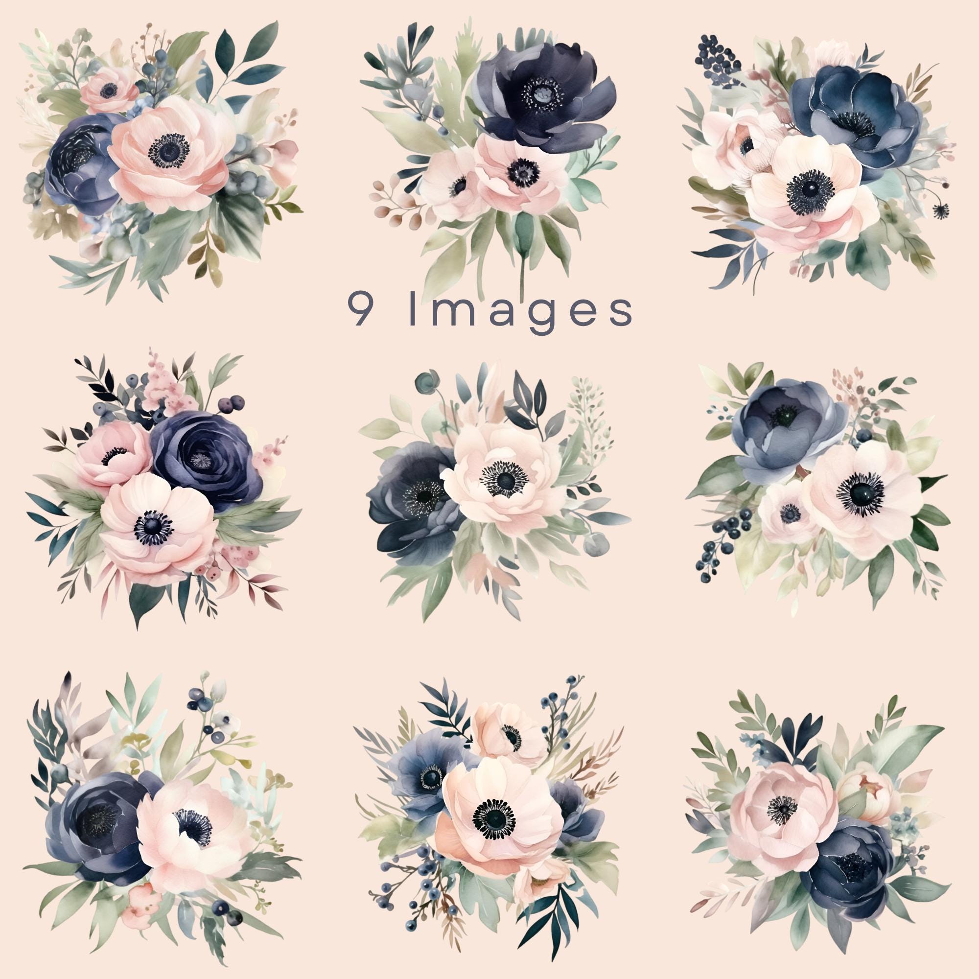 Navy & Blush Watercolor Floral Clipart, Pink and Blue Flower Bouquet ...